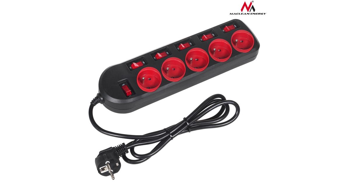 Maclean MCE204 power extension 1.5 m 5 AC outlet(s) Indoor Black, Red ...