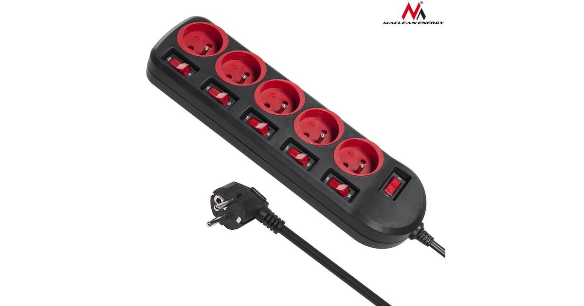 Maclean MCE204 power extension 1.5 m 5 AC outlet(s) Indoor Black, Red ...